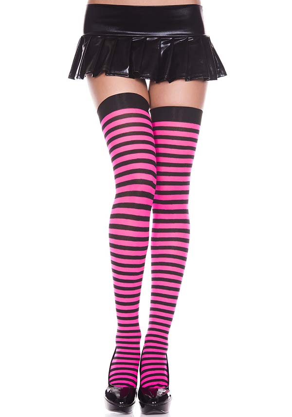 Music Legs Opaque Striped Black Hot Pink Thigh Highs Buy Online