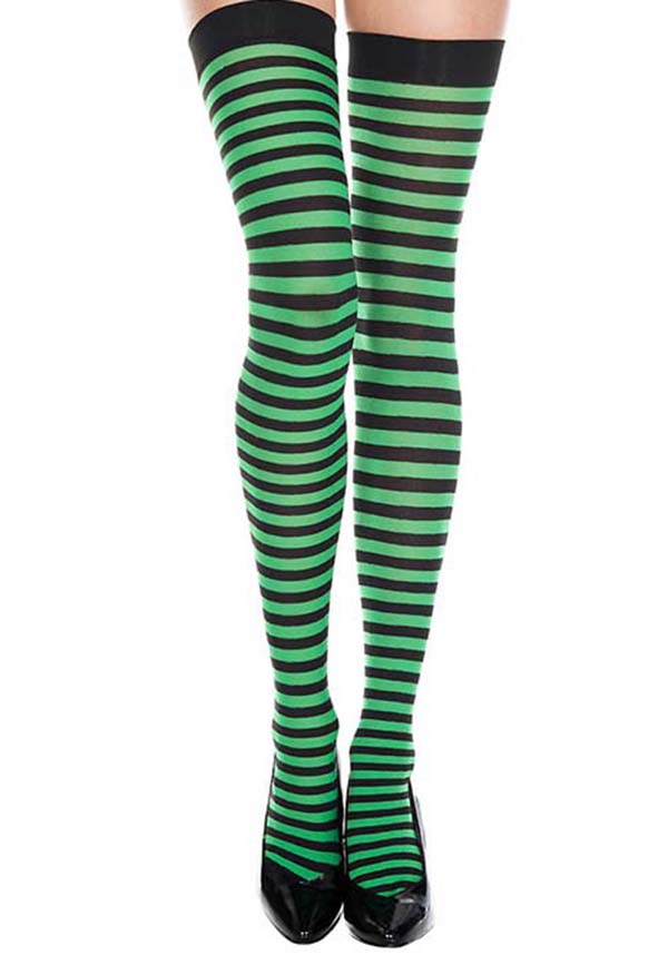 Music Legs - Opaque Striped Black/Kelly Green Thigh High - Buy Online ...